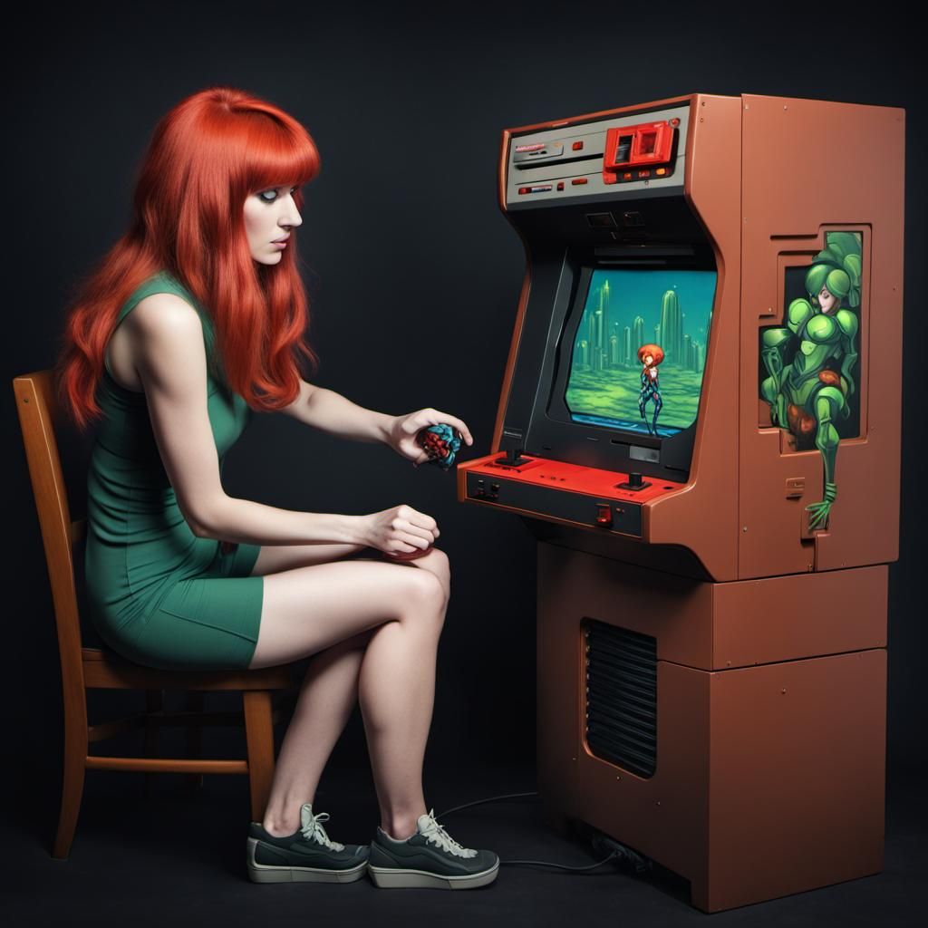 Redhead Becky playing Metroid on her NES, perfectly rendered surrealism ...