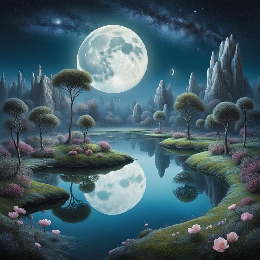 "A amazing lunar landscape under a starlit Sky, featuring delicate ...