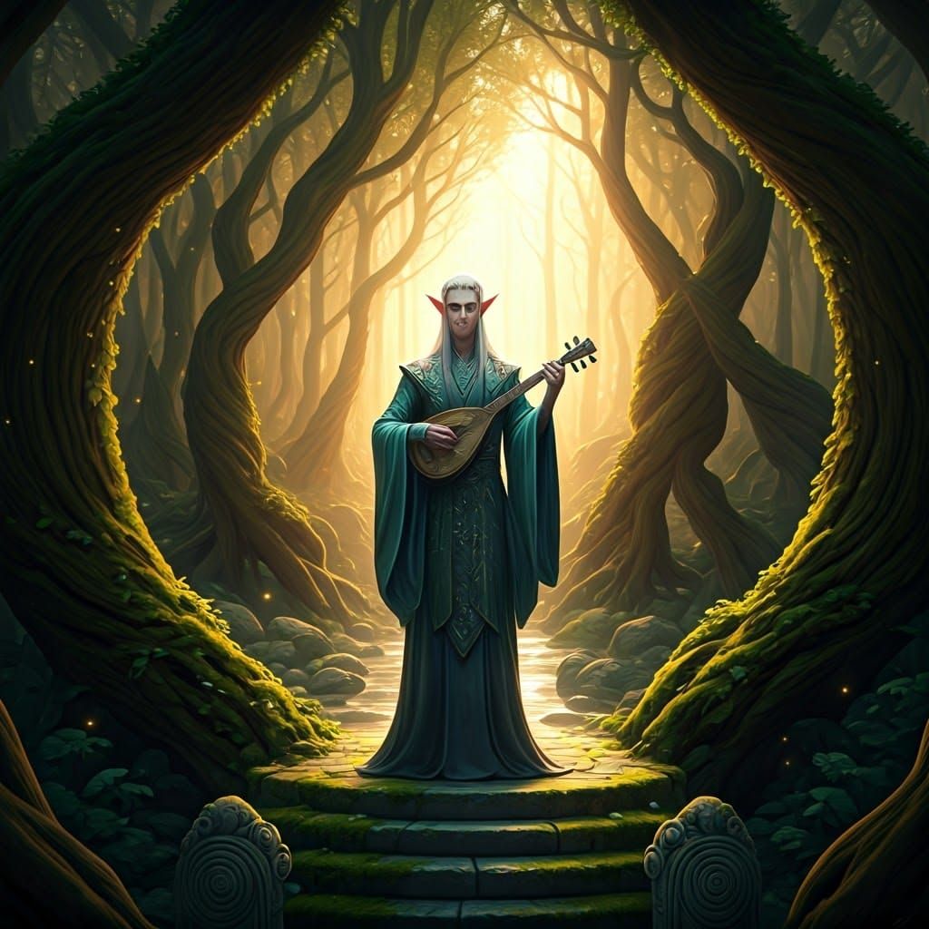 Enchanted Elf Bard Amidst Vibrant Japanese Forest - AI Art