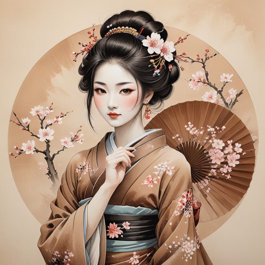 Geisha Lady - Elegant Geisha in Traditional Chinese Brushwor...