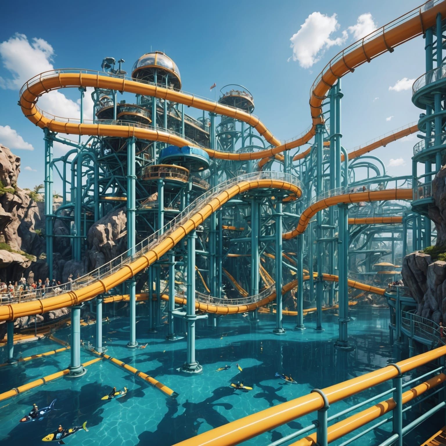 Extreme underwater theme park with a roller coaster in transparent ...