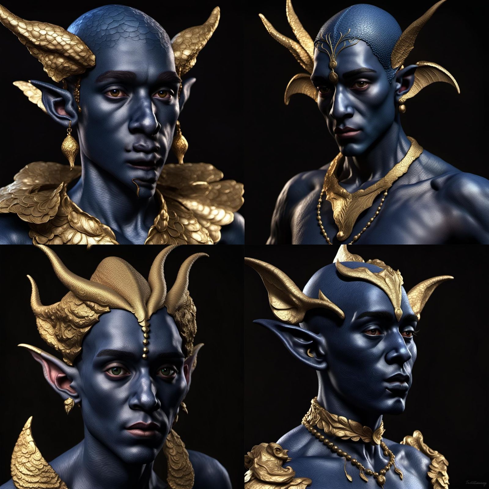 elven merfolk trader man with dark blue skin" black_background dark ...
