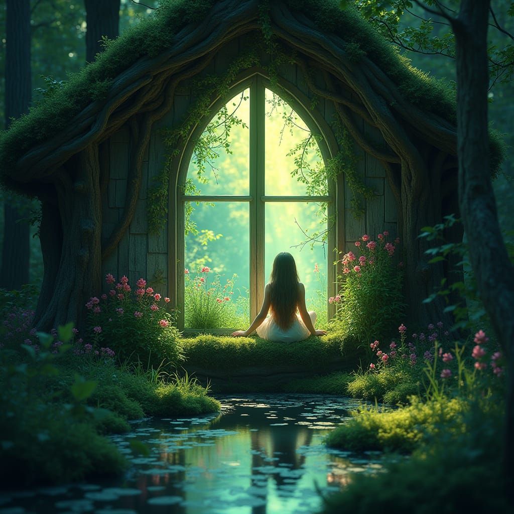 The Magic Window - Ethereal Cottage Window in Whimsical Fore...