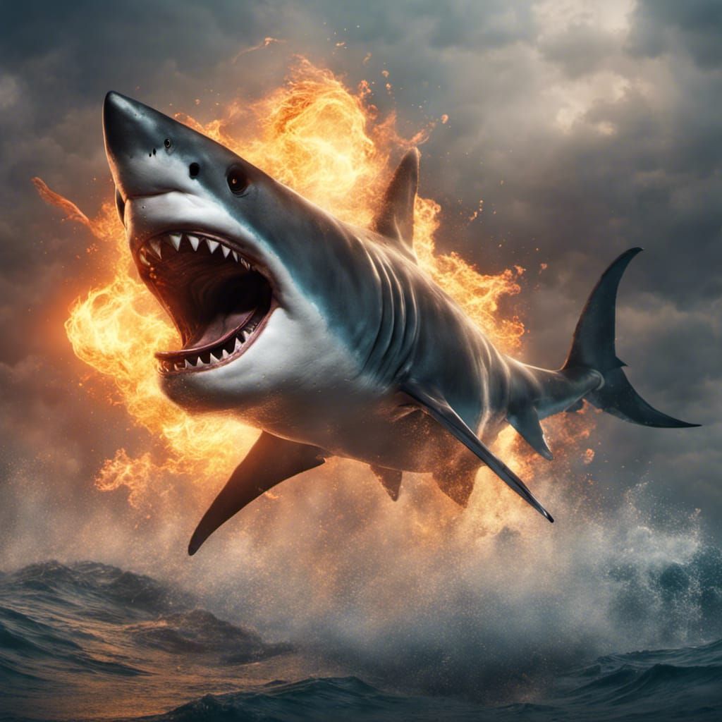 Fire breathing shark flying through the air with 2 legs and a shlong ...