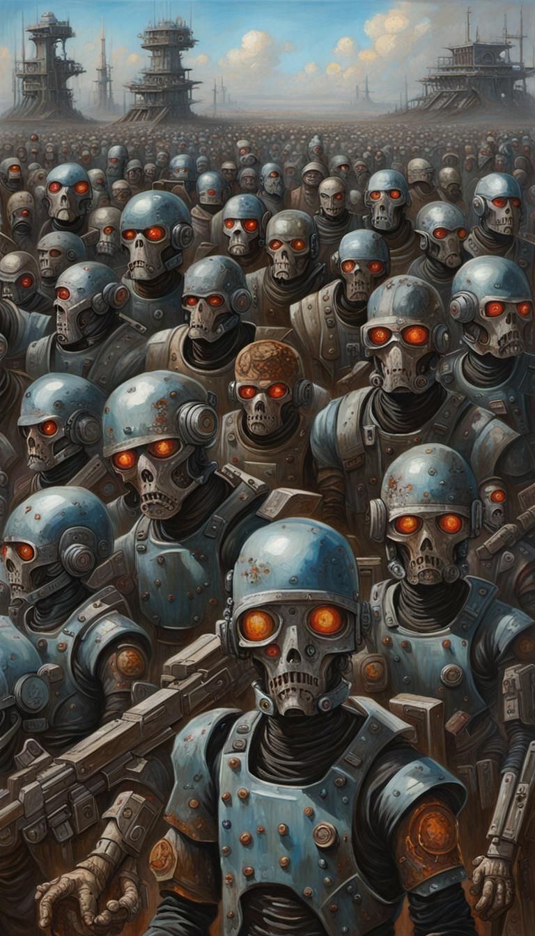 oil_painting, horde of humanoid_cyborgs, hyper_detailed, dark, detailed ...