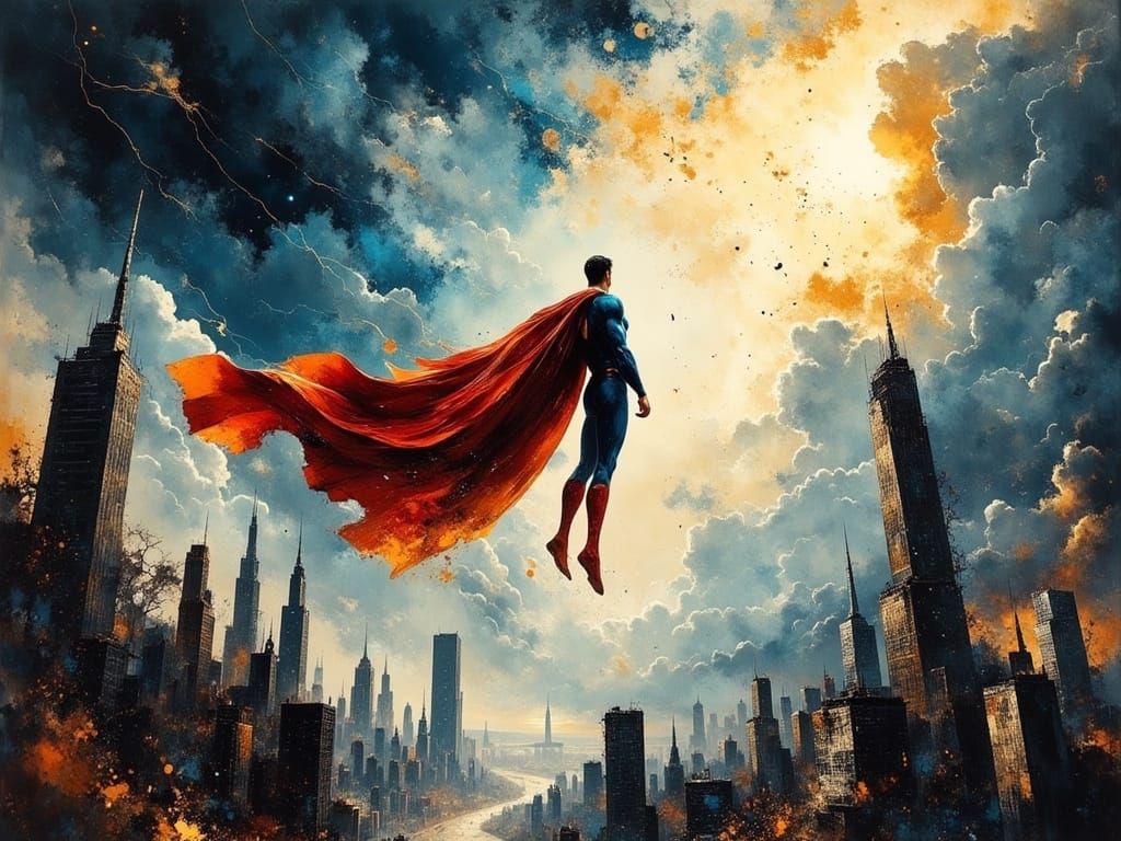 A striking ink illustration of Superman, floating mid-air above a ...