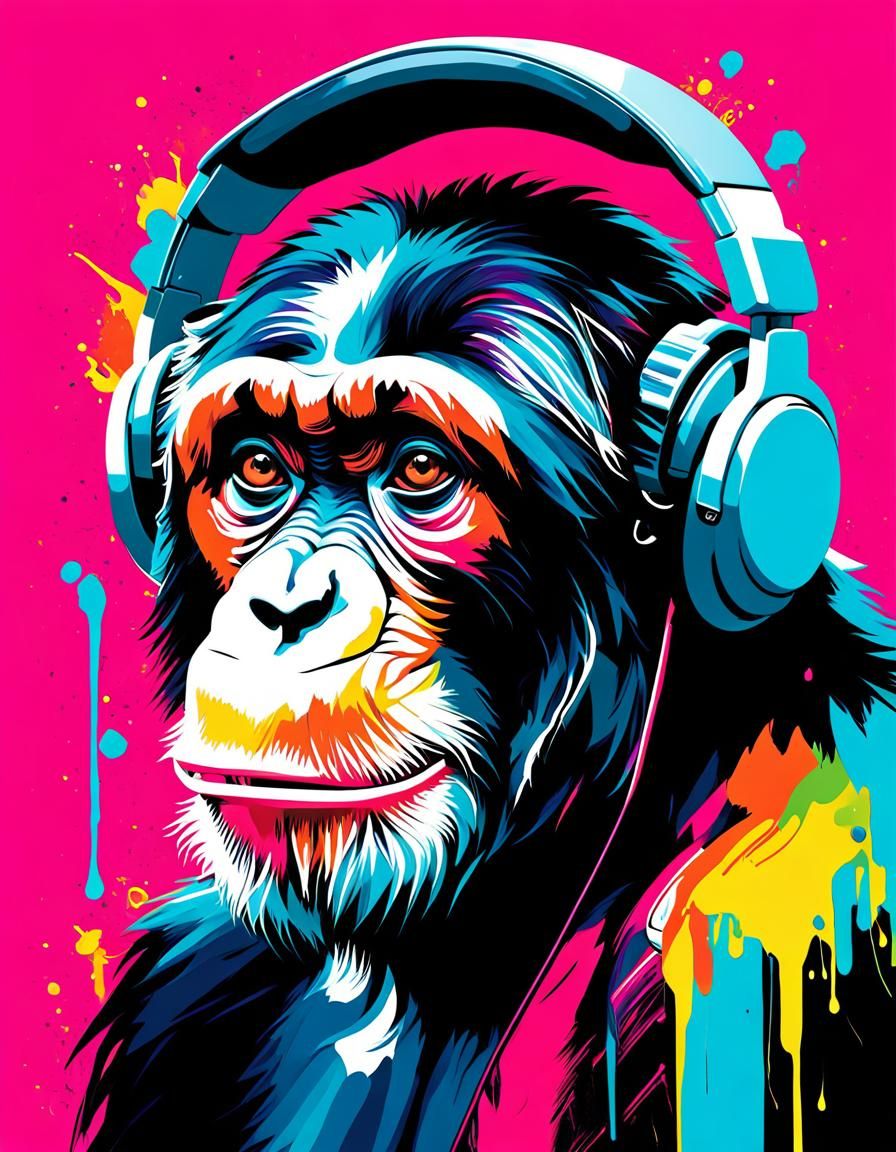 funky chimpanzee wearing headphones and hut by Francoise Nielly ...