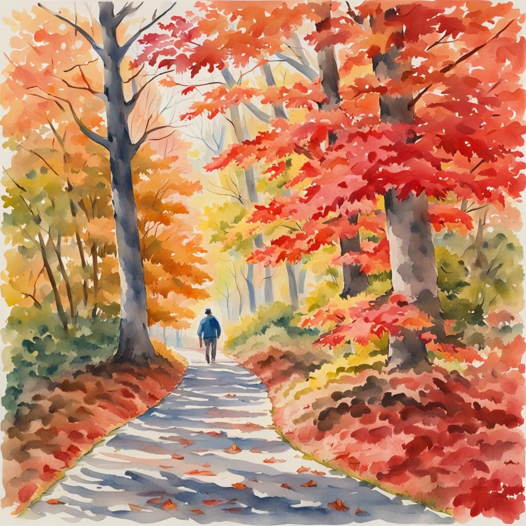 Line drawing walking along a trail under a canopy of red maple trees in ...