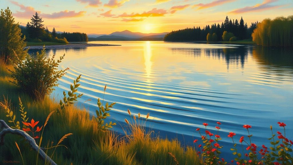 hdtdhl 52 yukky - Golden Lakeside Landscape in Impressionist...