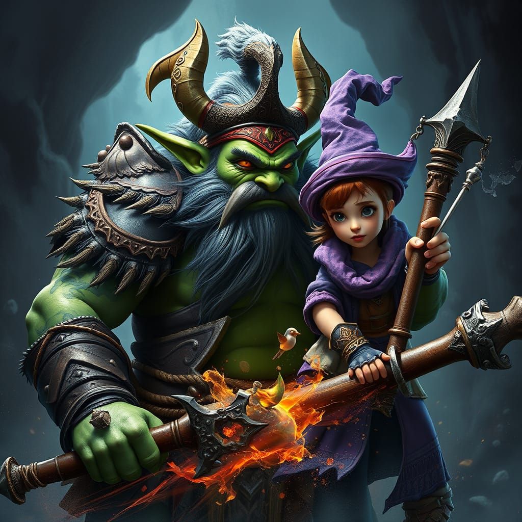 orc barbarian, young wizard - Fantastical Battle Scene in Wh...
