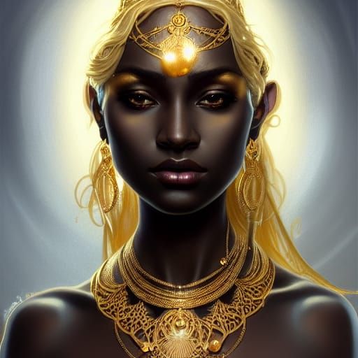 sensual drow goddess, dark skin, beautiful detailed face, gold eyes ...