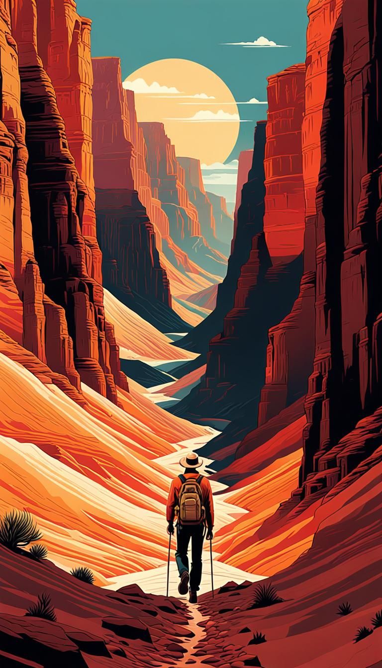 A hiker lost in a vast red canyon under a noonday sun. Three-color ...
