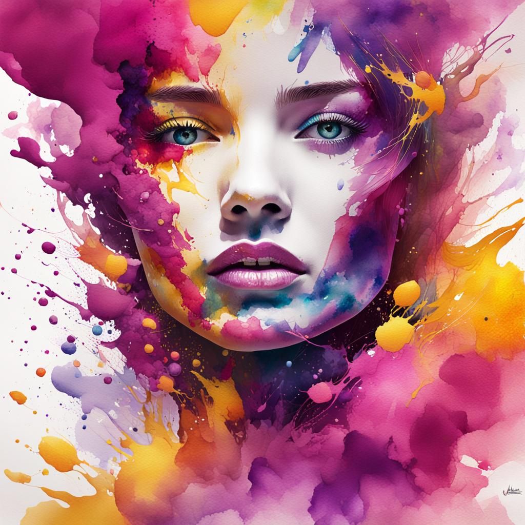 Very Abstract Watercolor paint painting of a woman's face, white ...