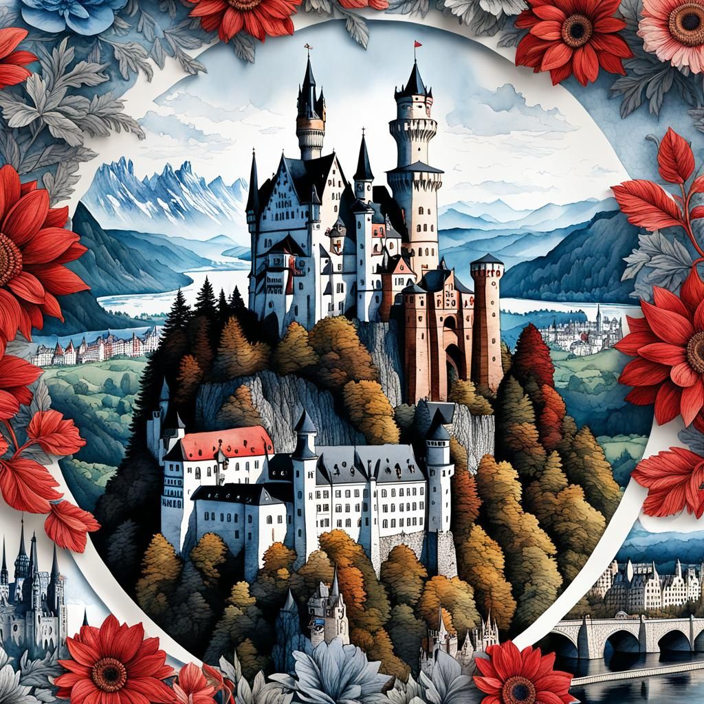 Neuschwanstein - Germany - ink and watercolor - AI Generated Artwork ...