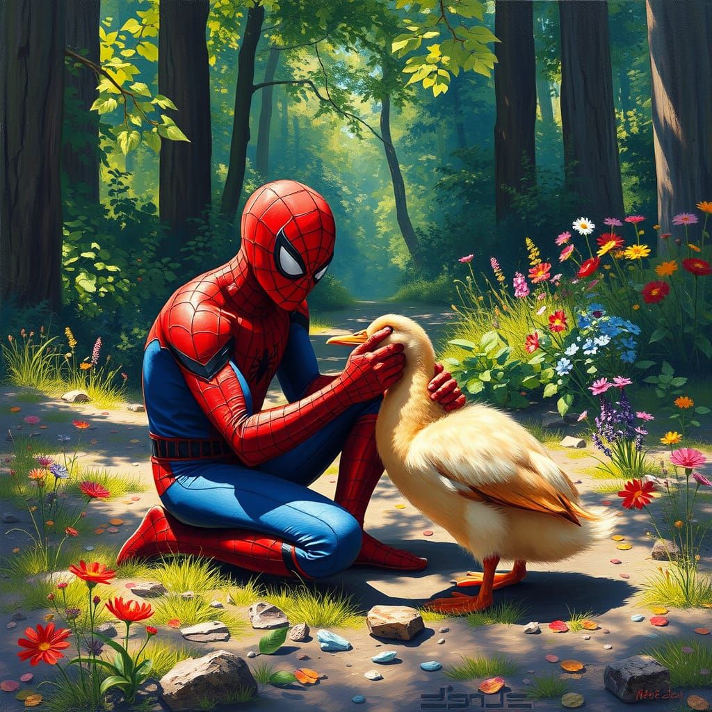 Spider-Man petting a duck - Spider-Man in Whimsical Forest ...
