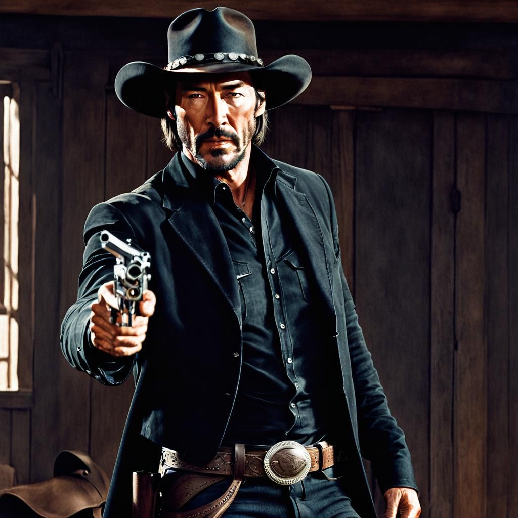 A dramatic and iconic image of a fierce Keanu Reeves cowboy gunslinger ...