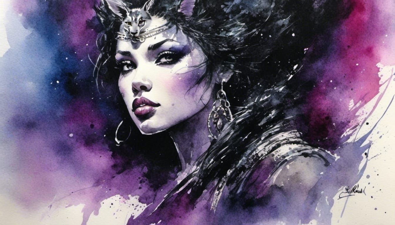 "anthropomorphic warrior cat princess " watercolor ink Dark Fantasy ...