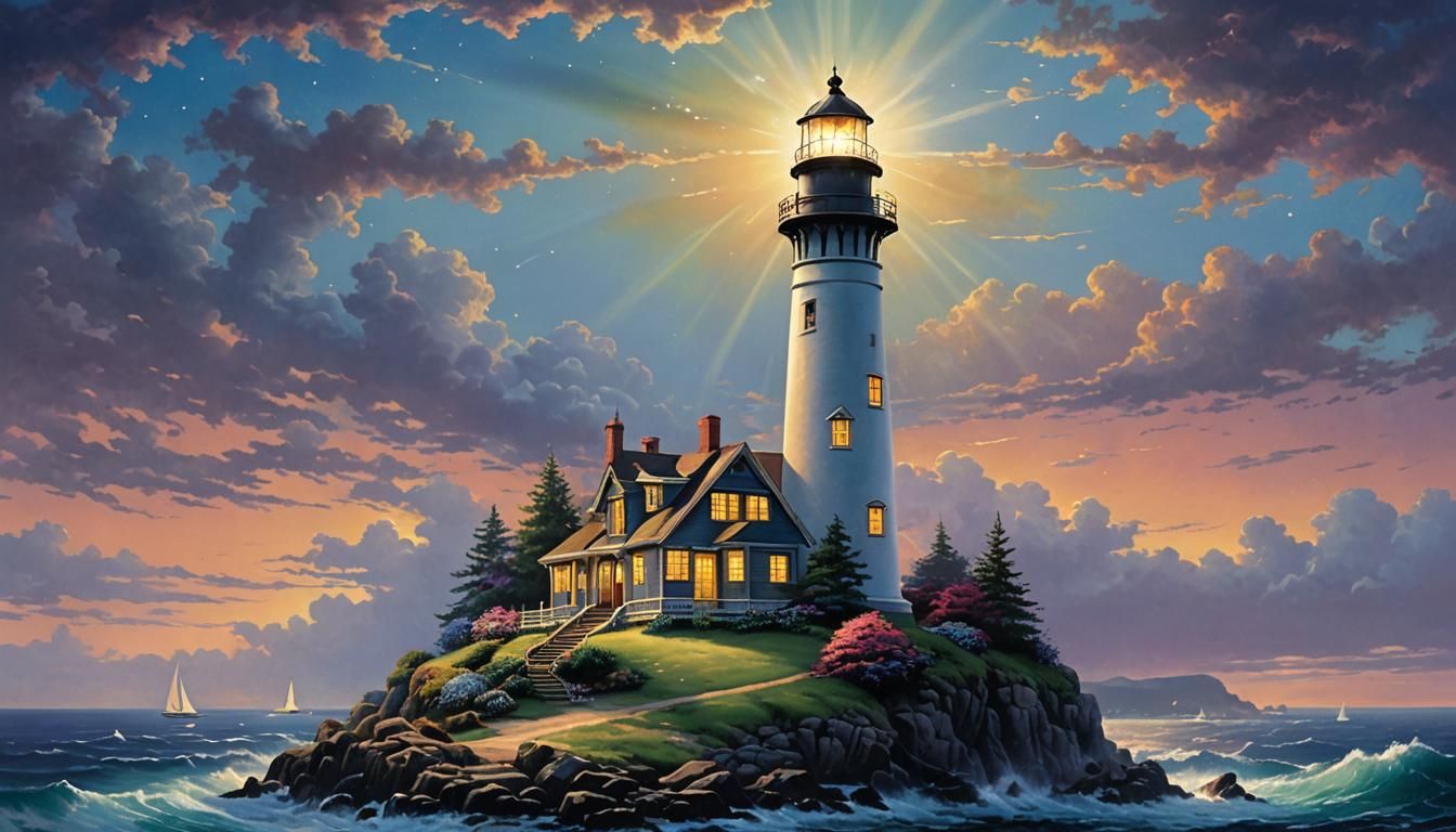 lighthouse: indigo: sparkling: Thomas Kinkade: shiny: glowing: neon ...