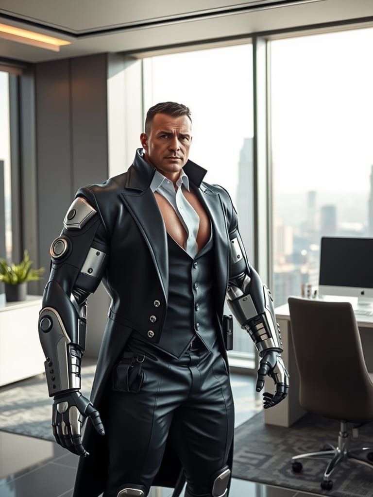 Cyborg Bodybuilder Cop in Futuristic Office - AI Art
