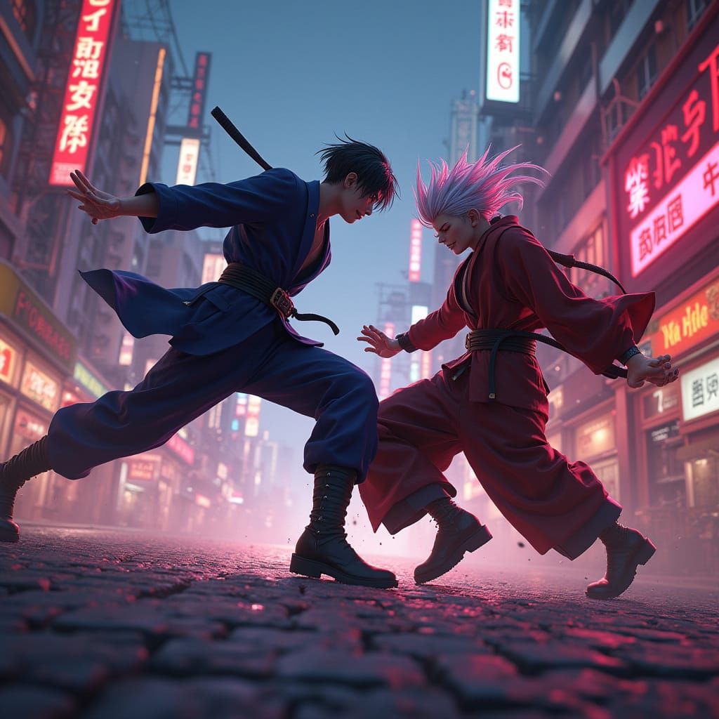 Anime Epic Clash: Sakamoto and Gojo in Neon City - AI Art