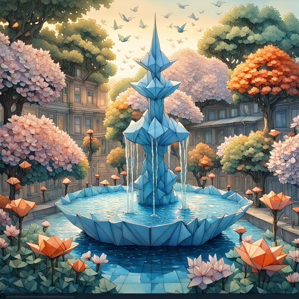 Origami Water Fountain - AI Generated Artwork - NightCafe Creator