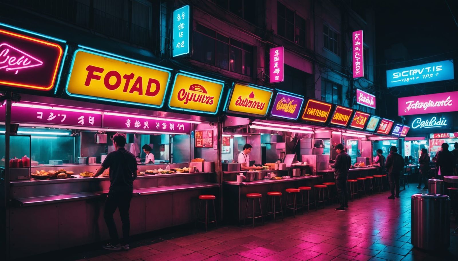 Neon-lit food stalls - Retro Futuristic Street Food Scene