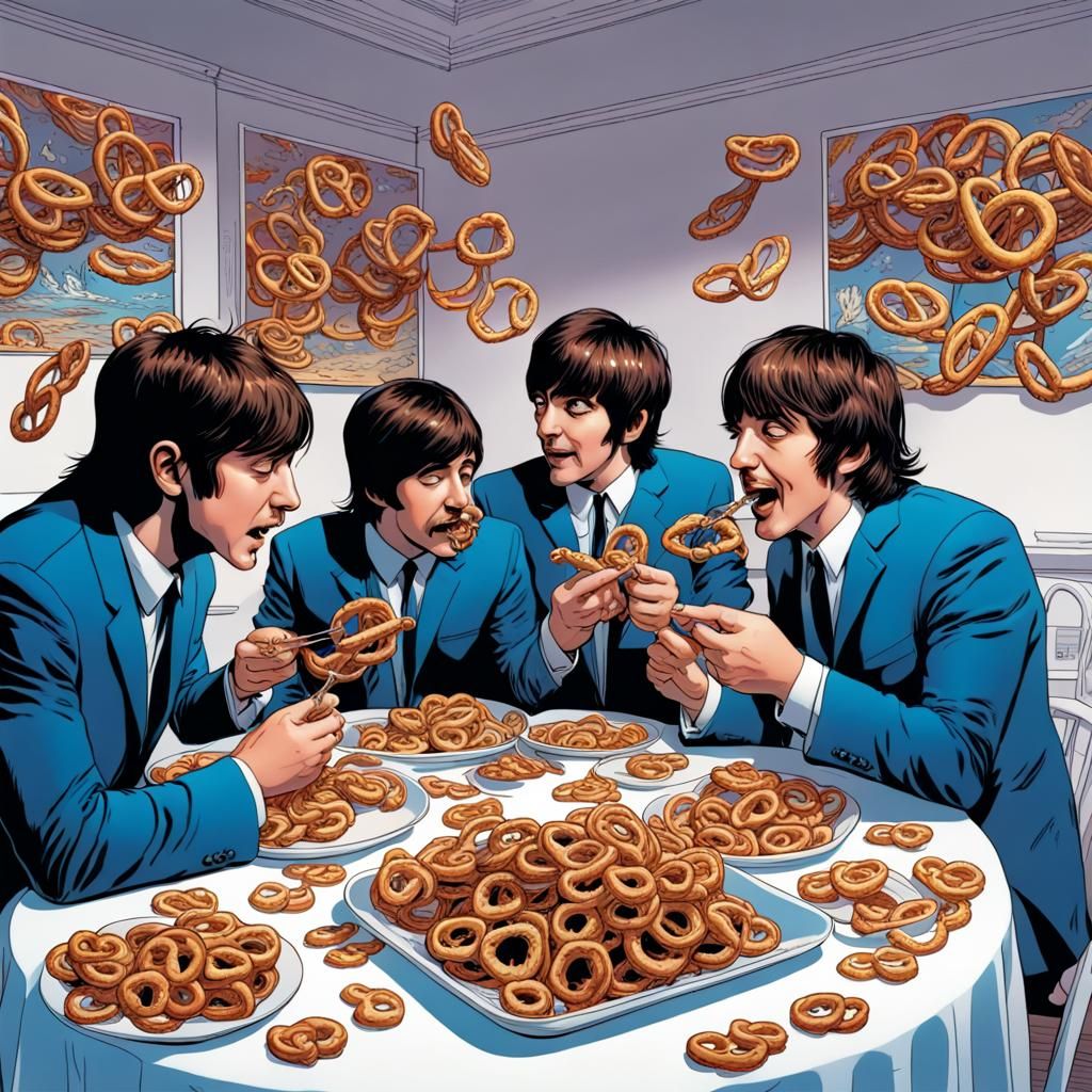 The Beatles eating pretzels - AI Generated Artwork - NightCafe Creator