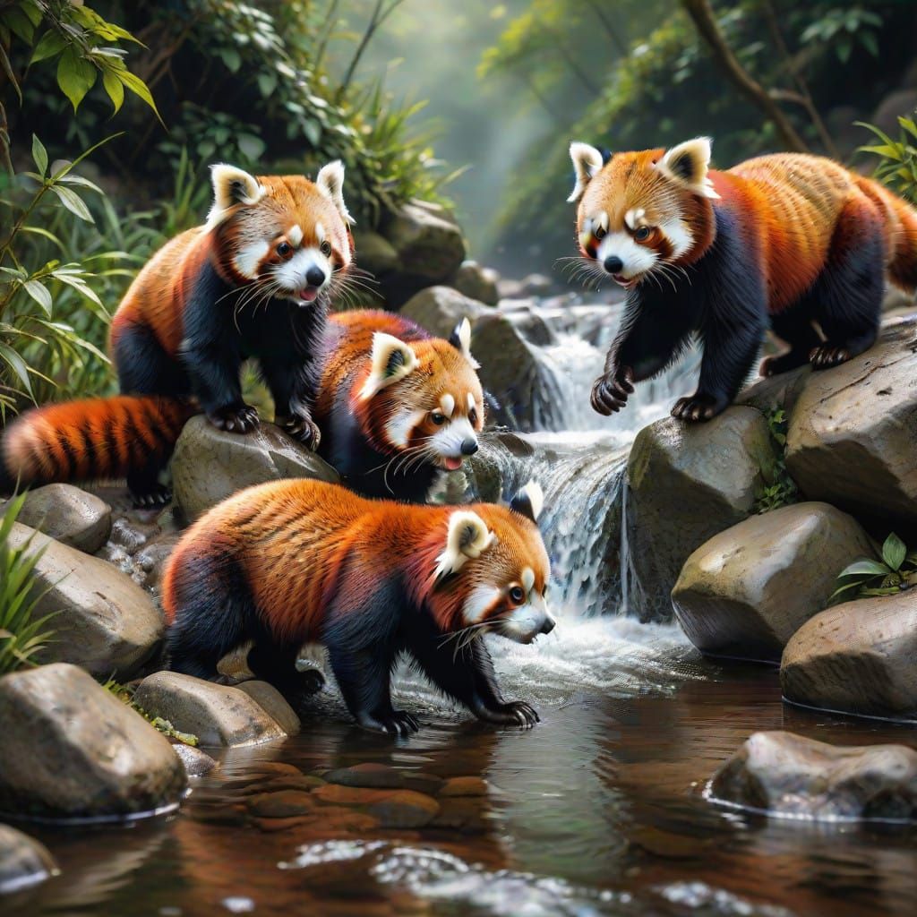 Red Pandas playing at a stream - Red Pandas Frolic in a Sere...