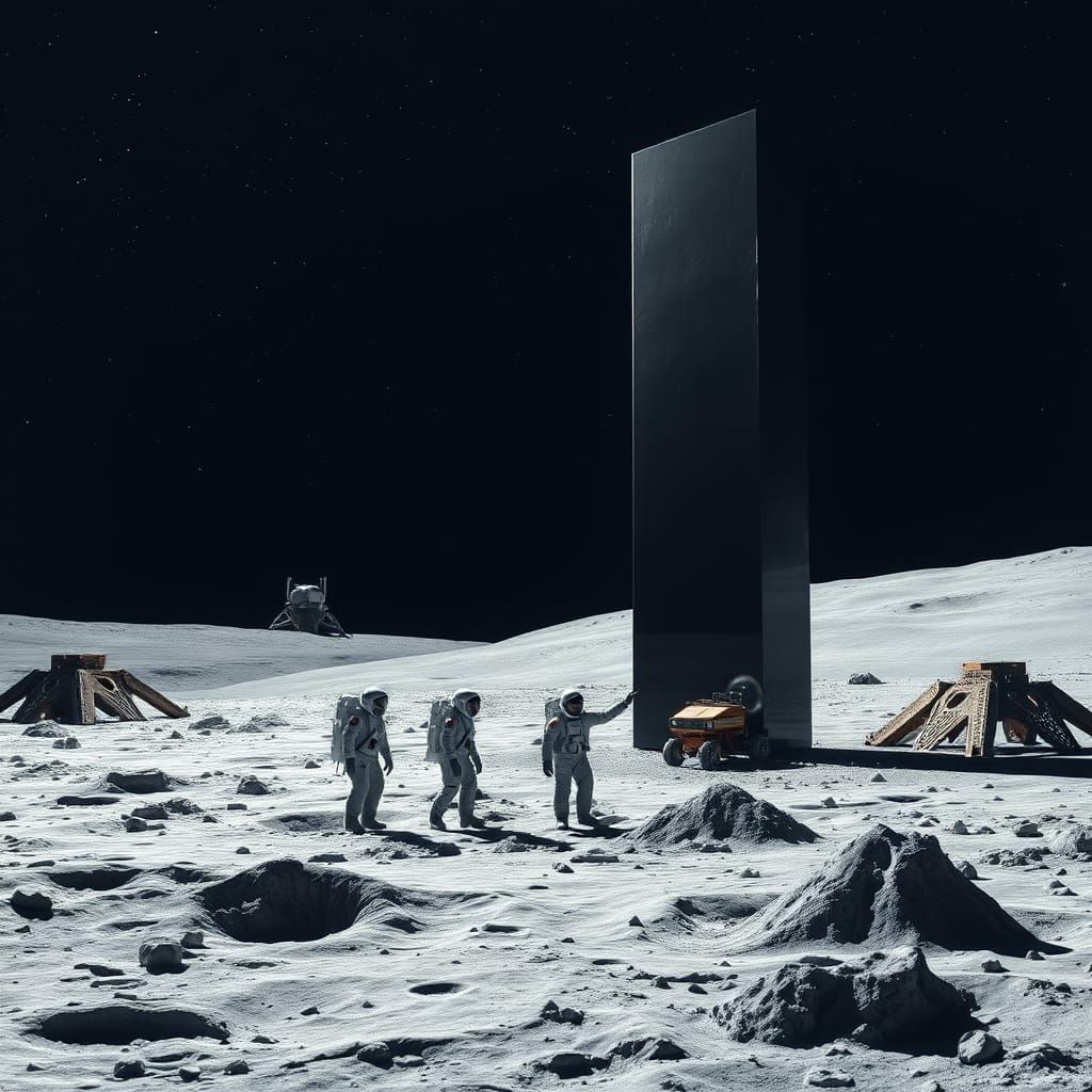 A scene from 2001 - A Space Odyssey. The discovery of the monolith on the Moon.