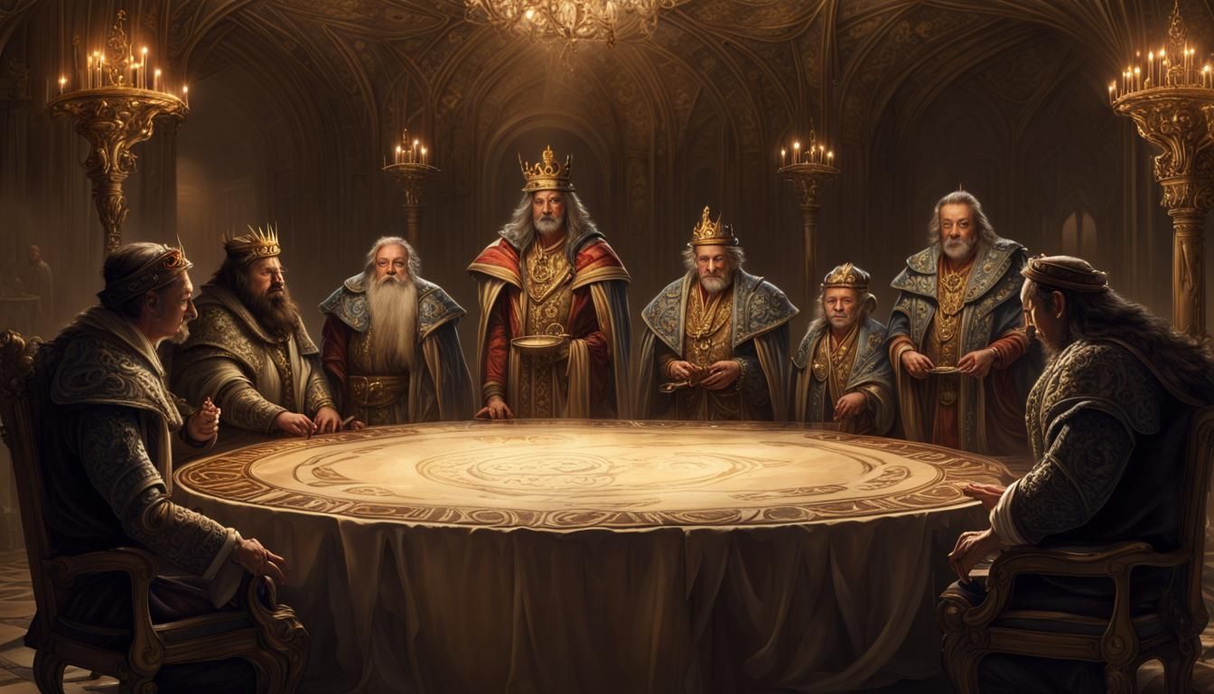 king sits at a round table, surrounded by advisors - AI Generated ...