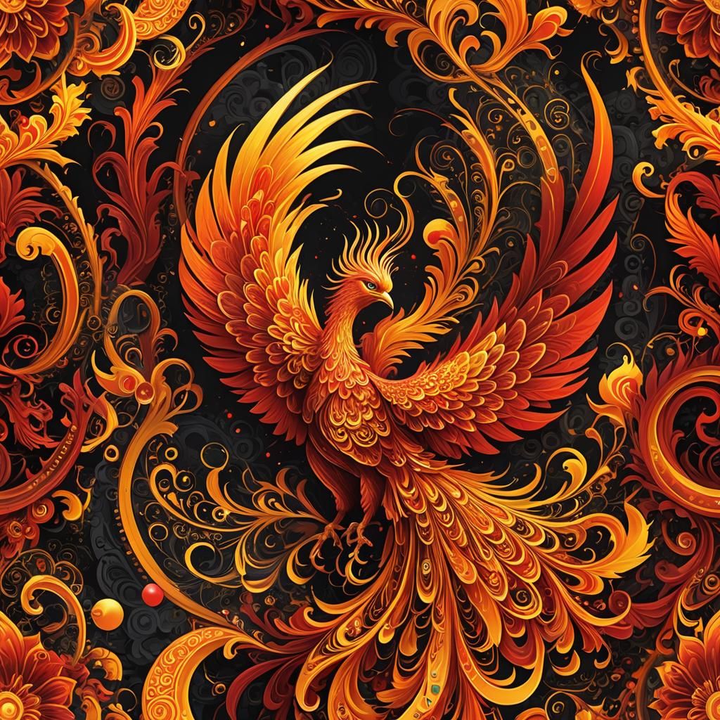 mythical creature: the phoenix in glorious glowing red, orange, yellow ...