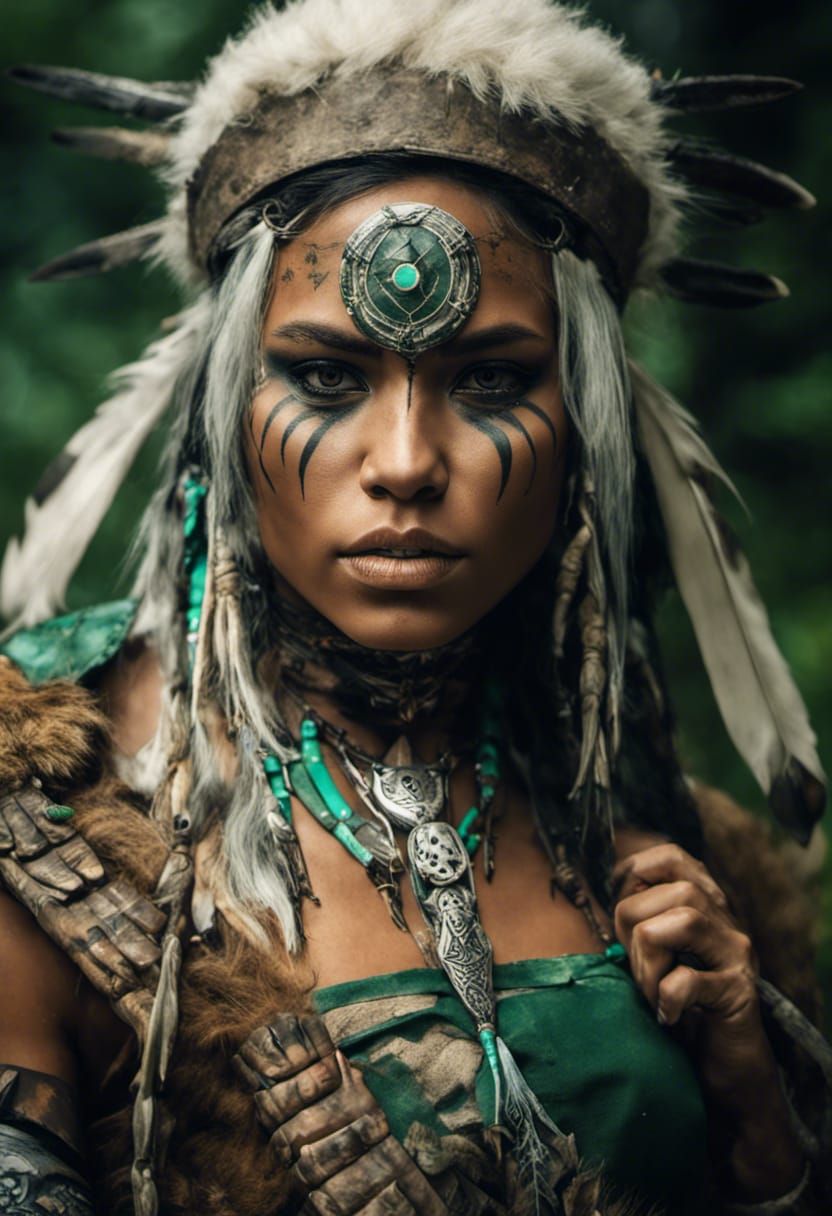 A fierce beautiful native american warrior in an enchanted forest. Wild ...