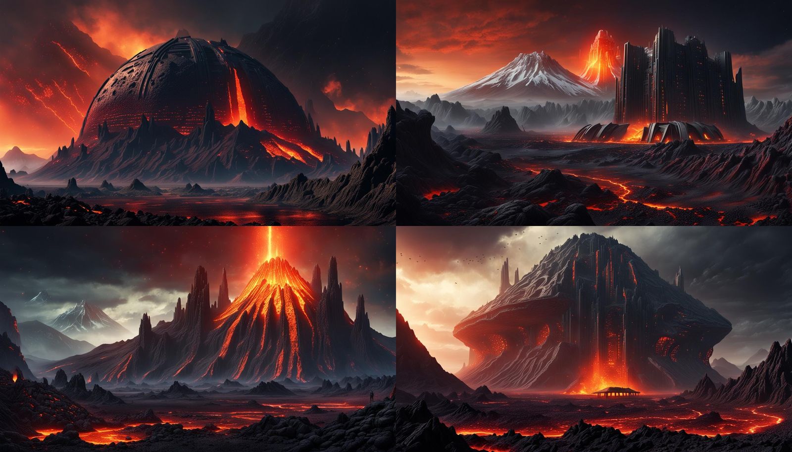 dark alien building on a dark planet with lava and mountains, detailed ...