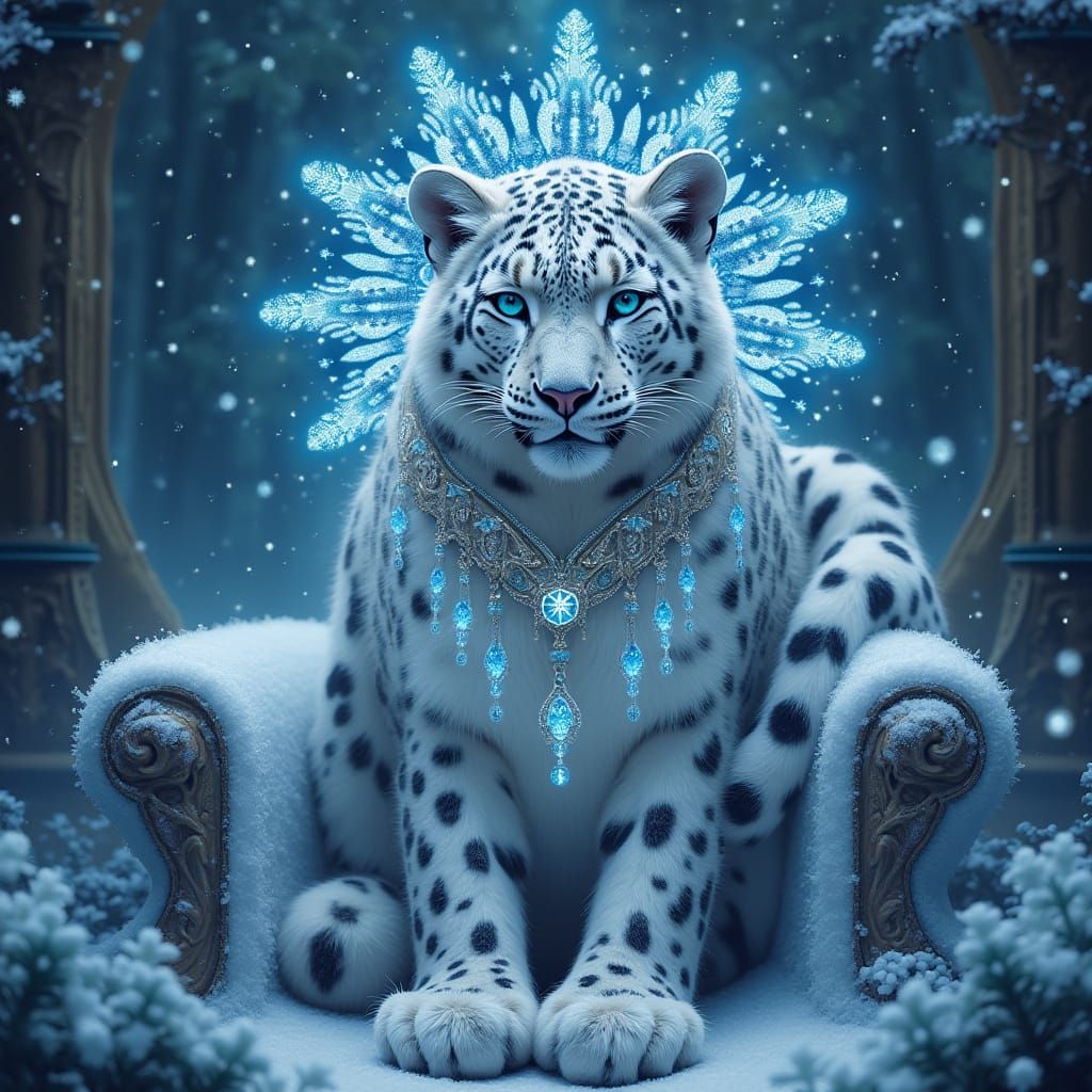A majestic snow leopard with piercing blue eyes, adorned with an ...