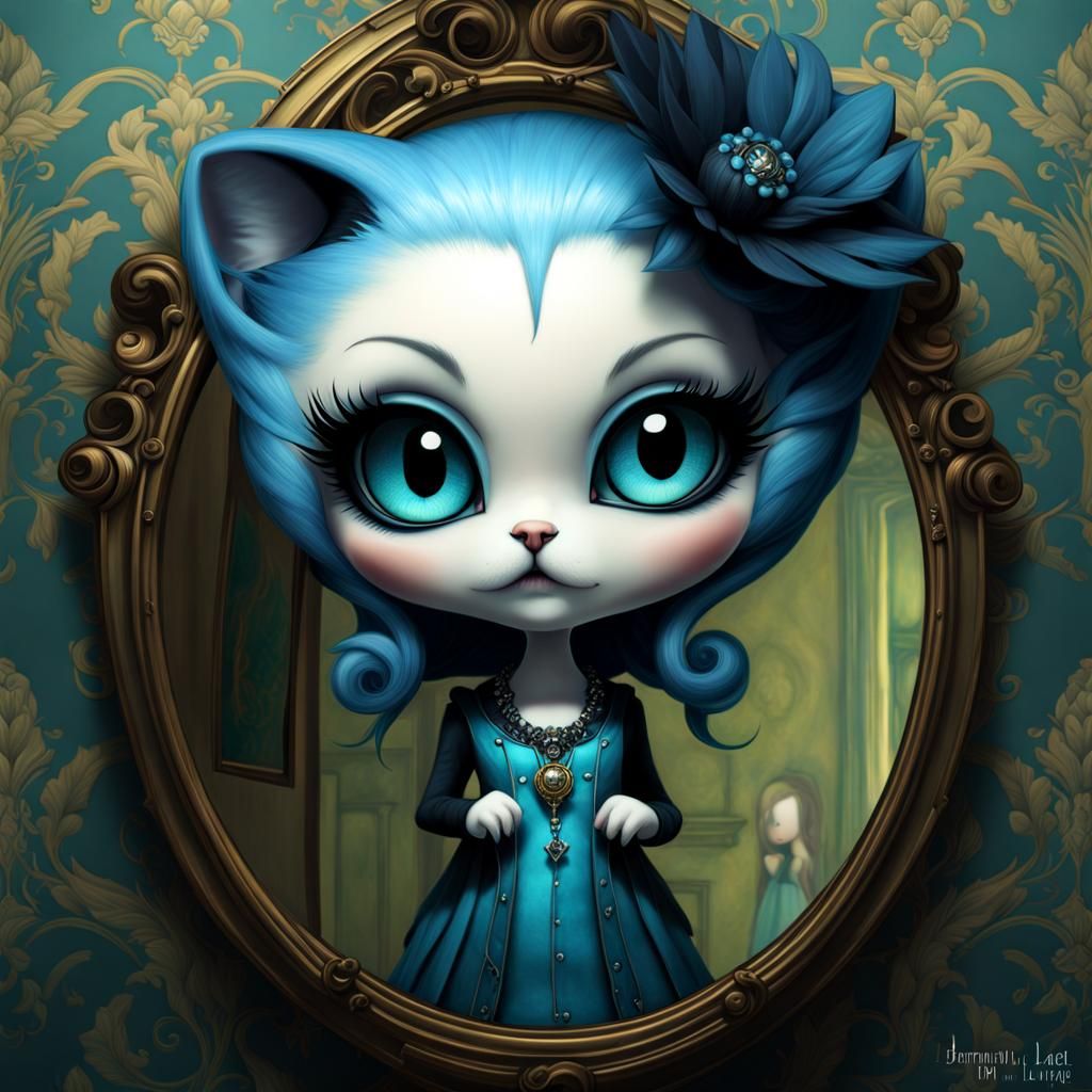 A goth punk girl chibi elegant antropomorphic cat is looking at her ...