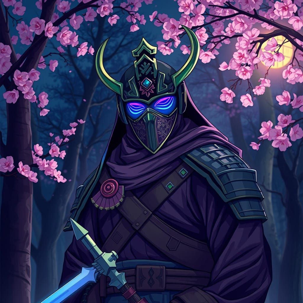 Moonlight Guardian - Celestial Warrior in Cherry Blossom Blo...