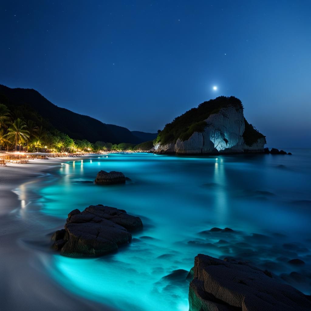 during night there is a beach with clear, glowing blue water - AI ...