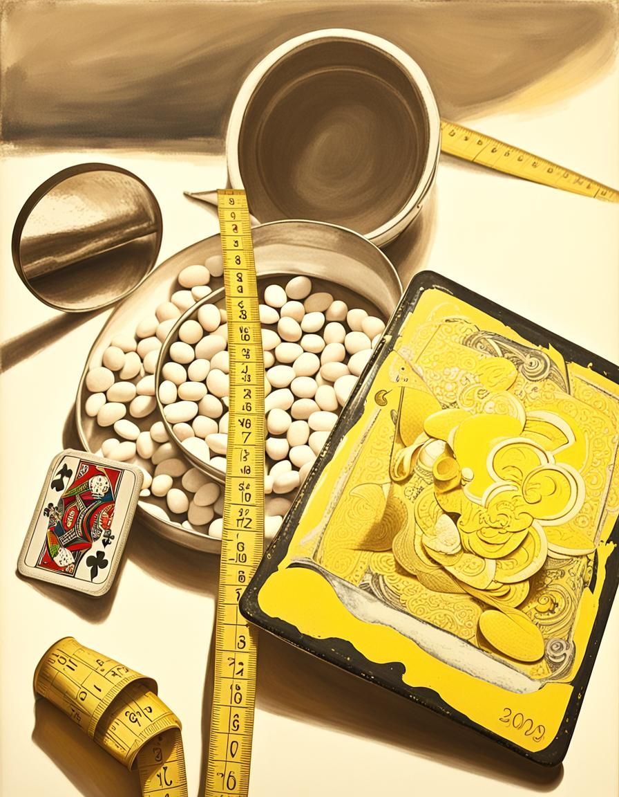 A still life consisting of a tin plate with white shiny pebbles, a ...