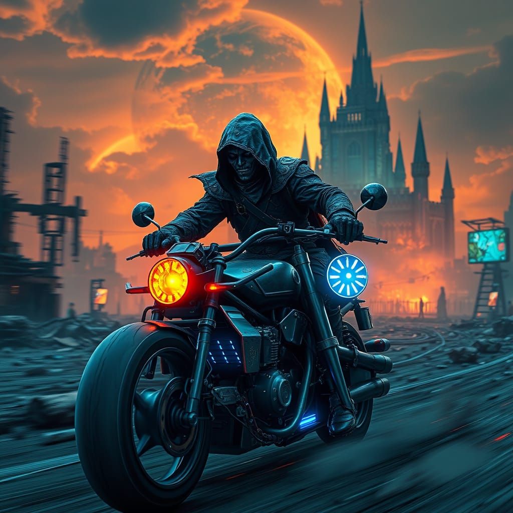 A wizard riding a futuristic motorcycle through a dystopian landscape