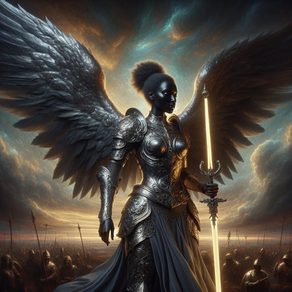 A fierce warrior angel in gleaming silver armor, holding a radiant ...