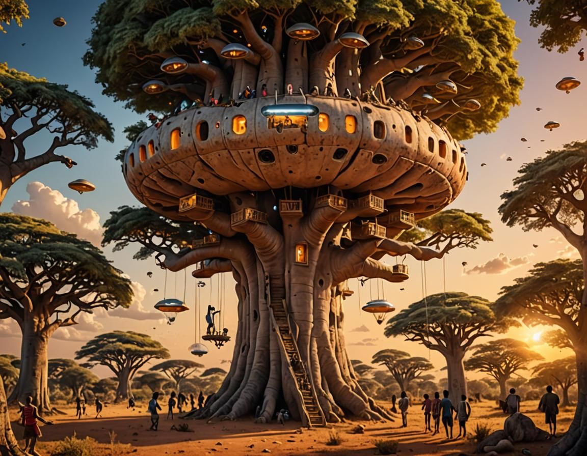 UFO treehouse in a BAOBAB trees, setting in the African plains ...