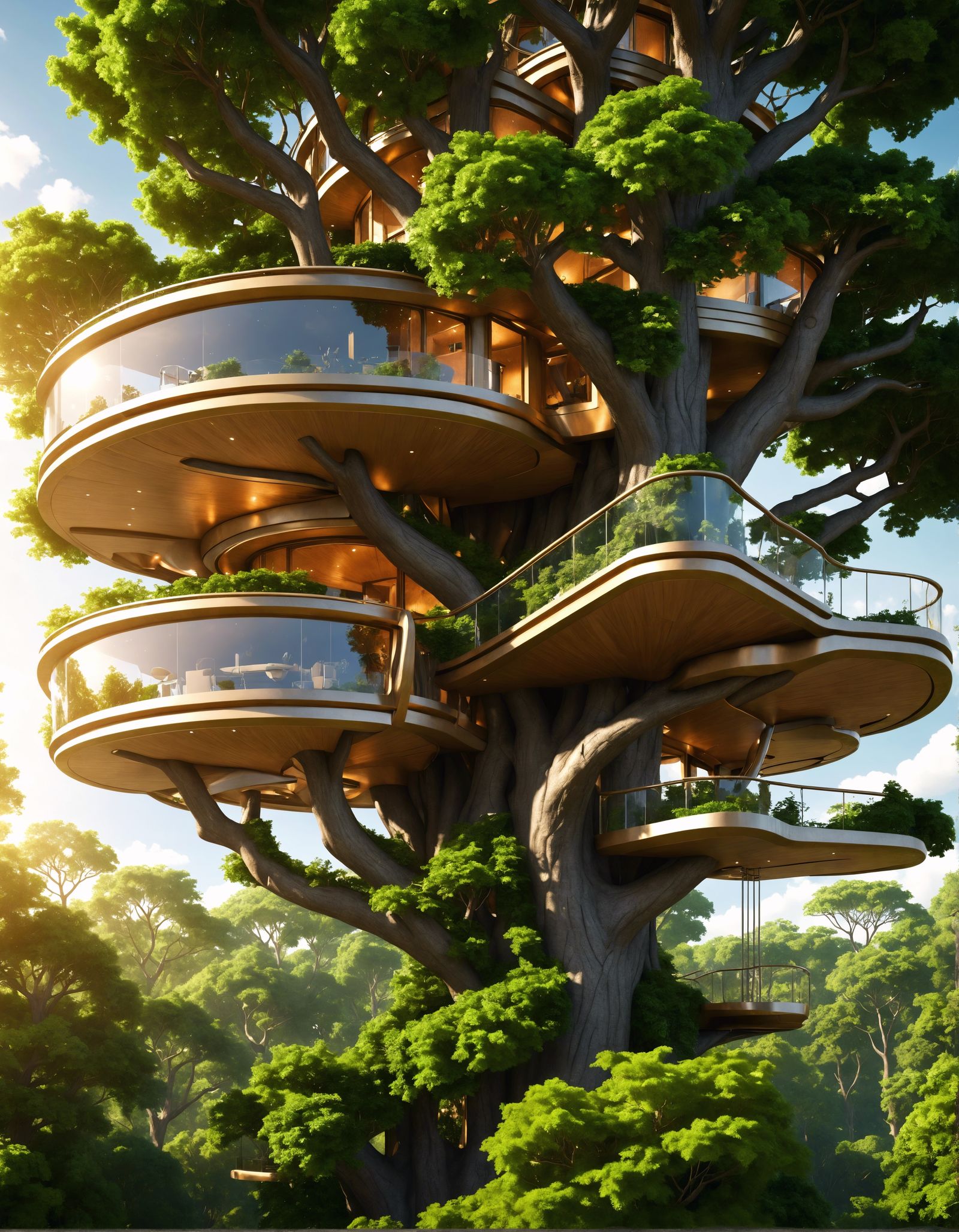 A modern treehouse with organic design, incorporating branches and ...