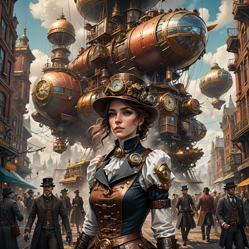 A steampunk city full of airships, mech robots and clockwork towers ...