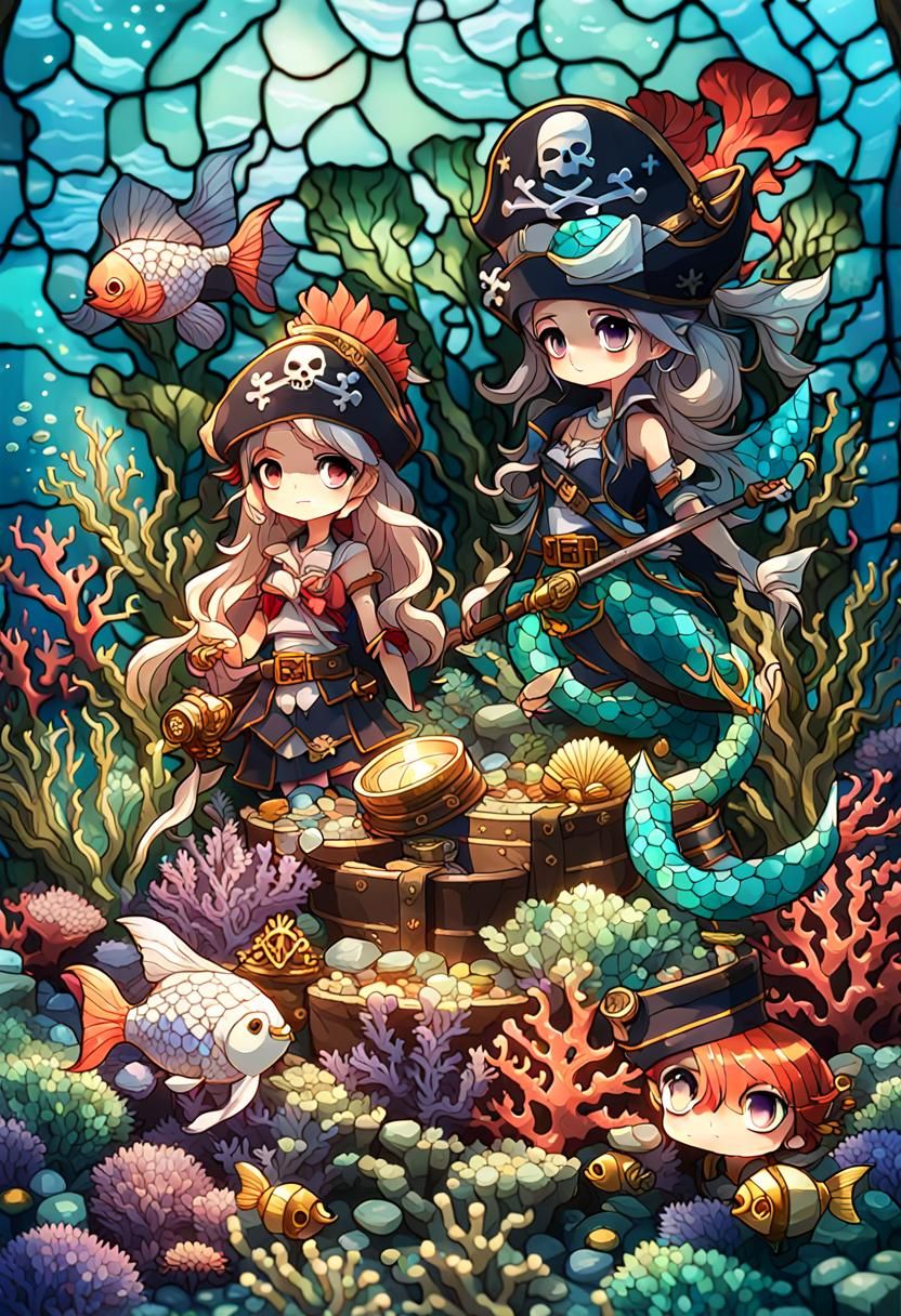 intricately detailed stained glass art of Two cute chibi mermaids ...