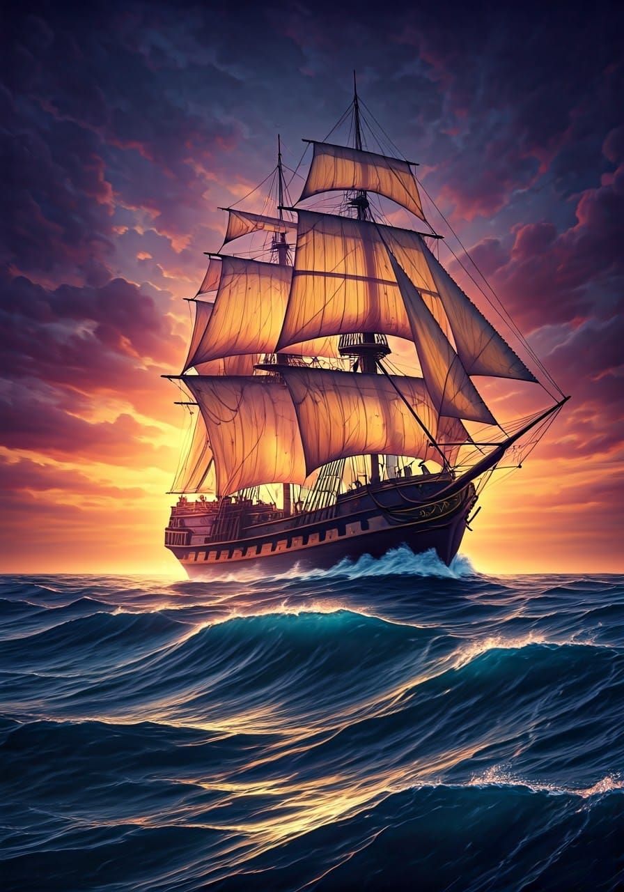 A map of the ocean melds into the real ocean with a real sailing ship ...