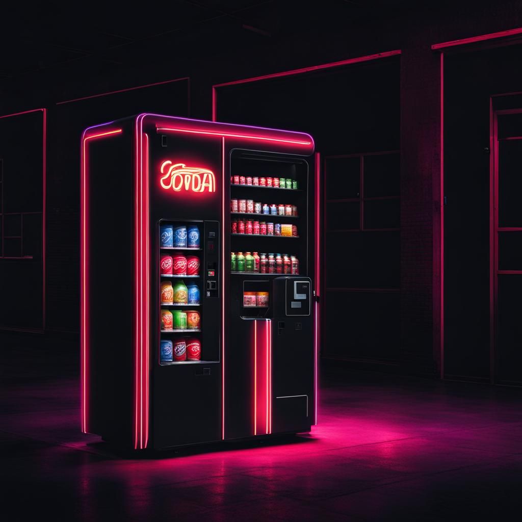 A neon glowing soda vending machine in an empty dark room liminal - AI ...