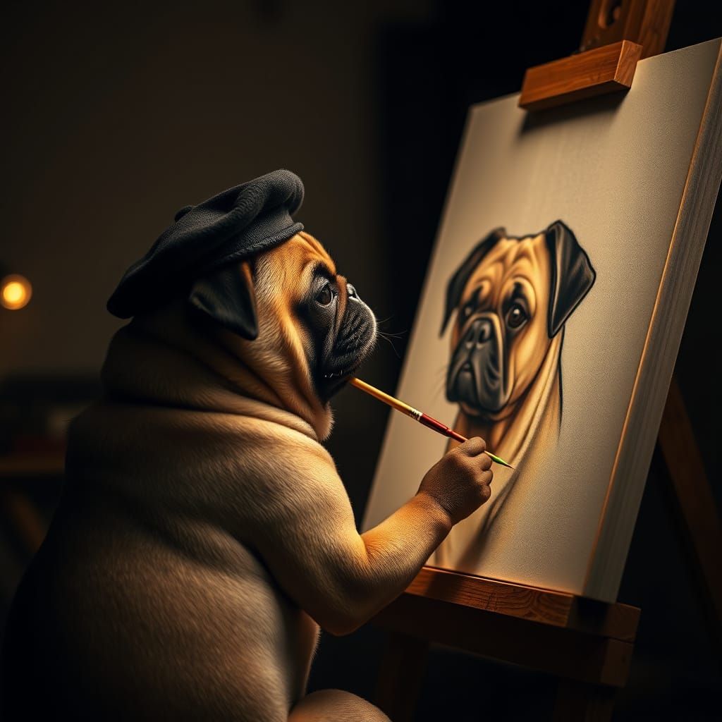 A pug drawing a pug - Pug Artist at Work in Moody Studio