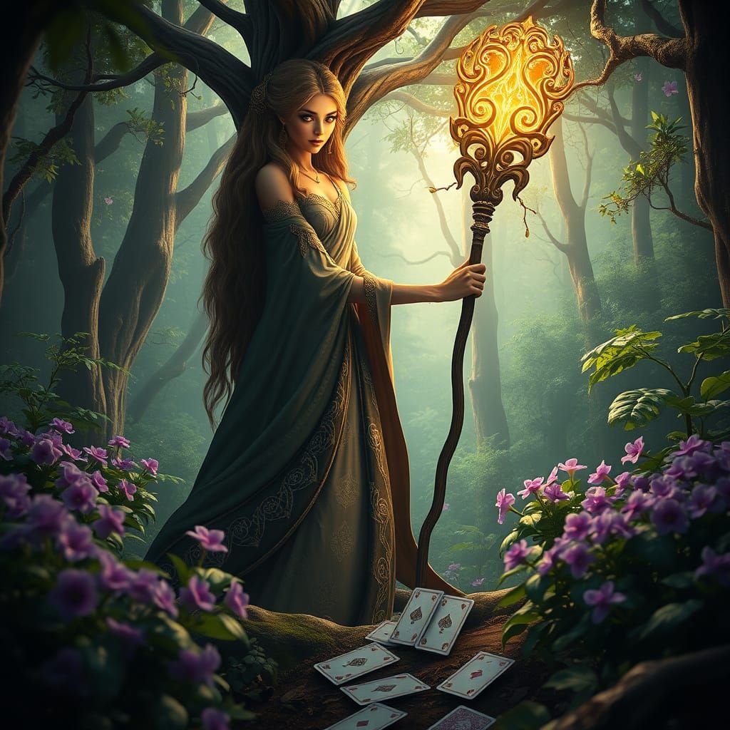 Ancient Tree Spirit in Lush Forest with Violets an... - AI Art