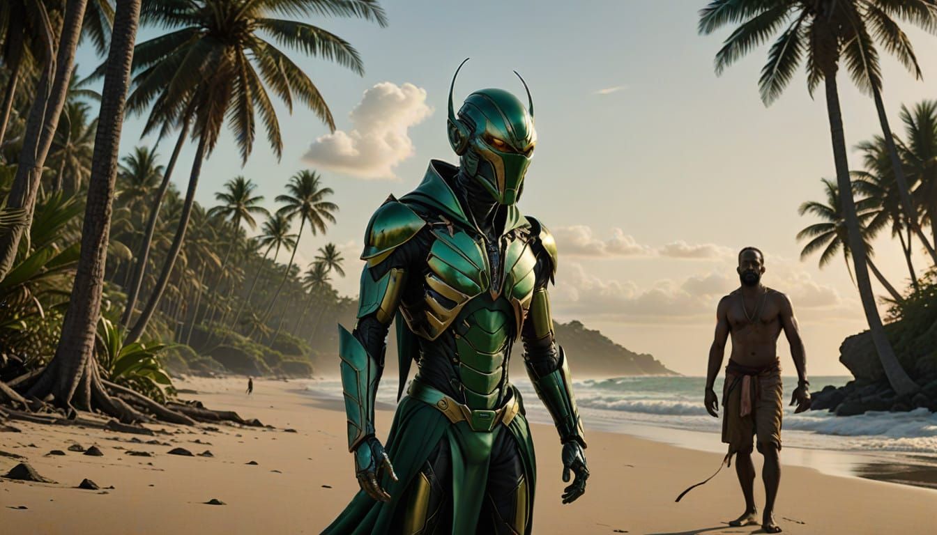 Mantis in Emerald Green Bikini Stands on Alien Bea... - AI Art