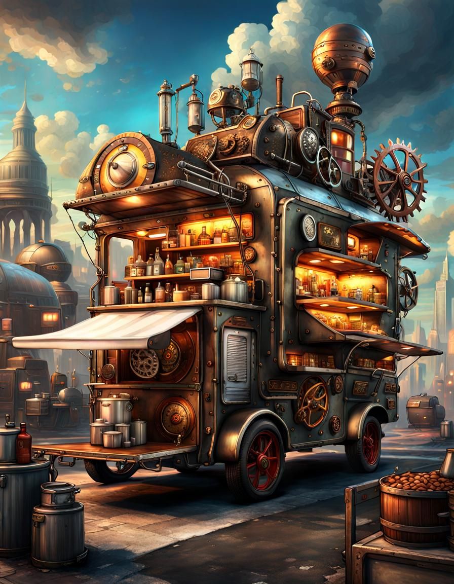 Steampunk Futuristic Food Truck v11 - AI Generated Artwork - NightCafe ...
